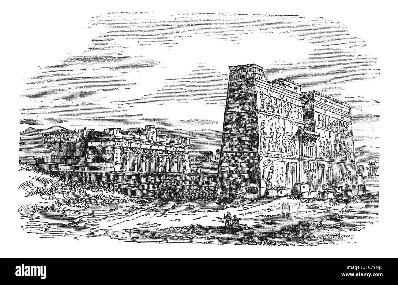 Edfu in Aswan, Egypt, during the 1890s, vintage engraving. Old engraved ...