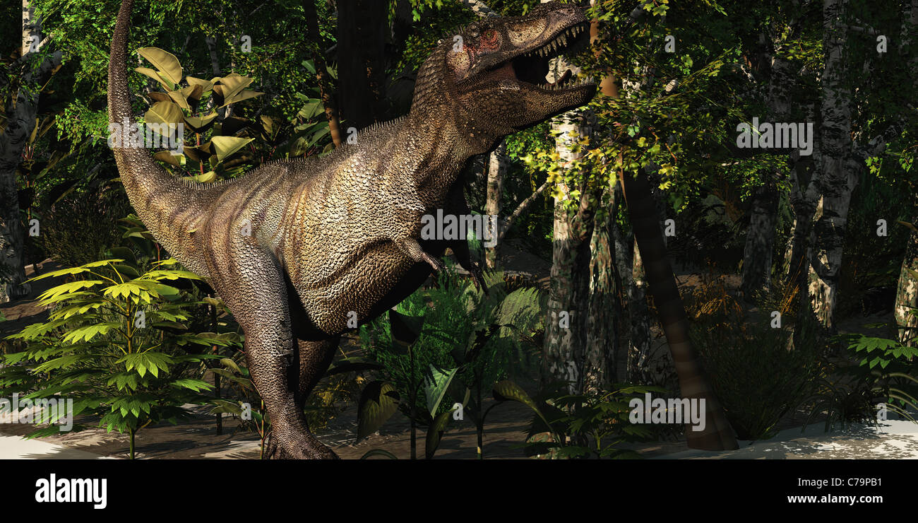 A mighty Tyrannosaurus Rex hunts for prey in a dense jungle Stock Photo ...
