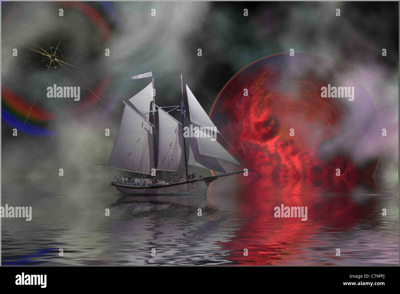 Cosmic seascape of a sailing ship Stock Photo - Alamy