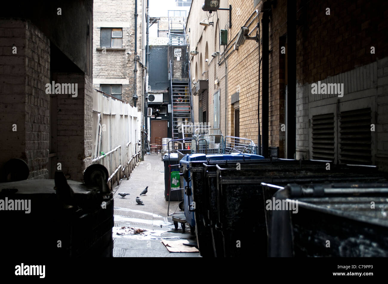 Side alley with rubbish containers and fire escape staircase, Central ...