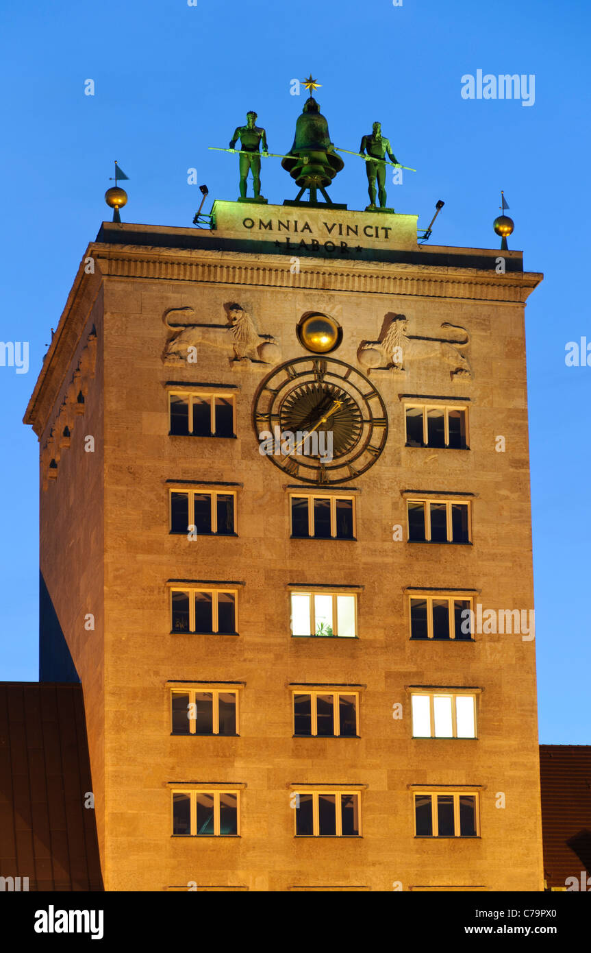 Bell men in the evening, Krochhochhaus building, Augustusplatz square ...