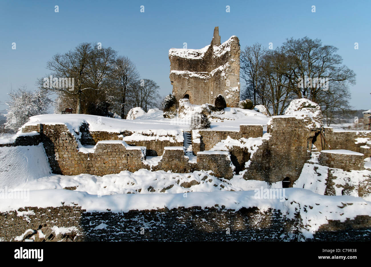 Castle of Domfront city under snow, Domfrontais country (Orne, Normandy ...