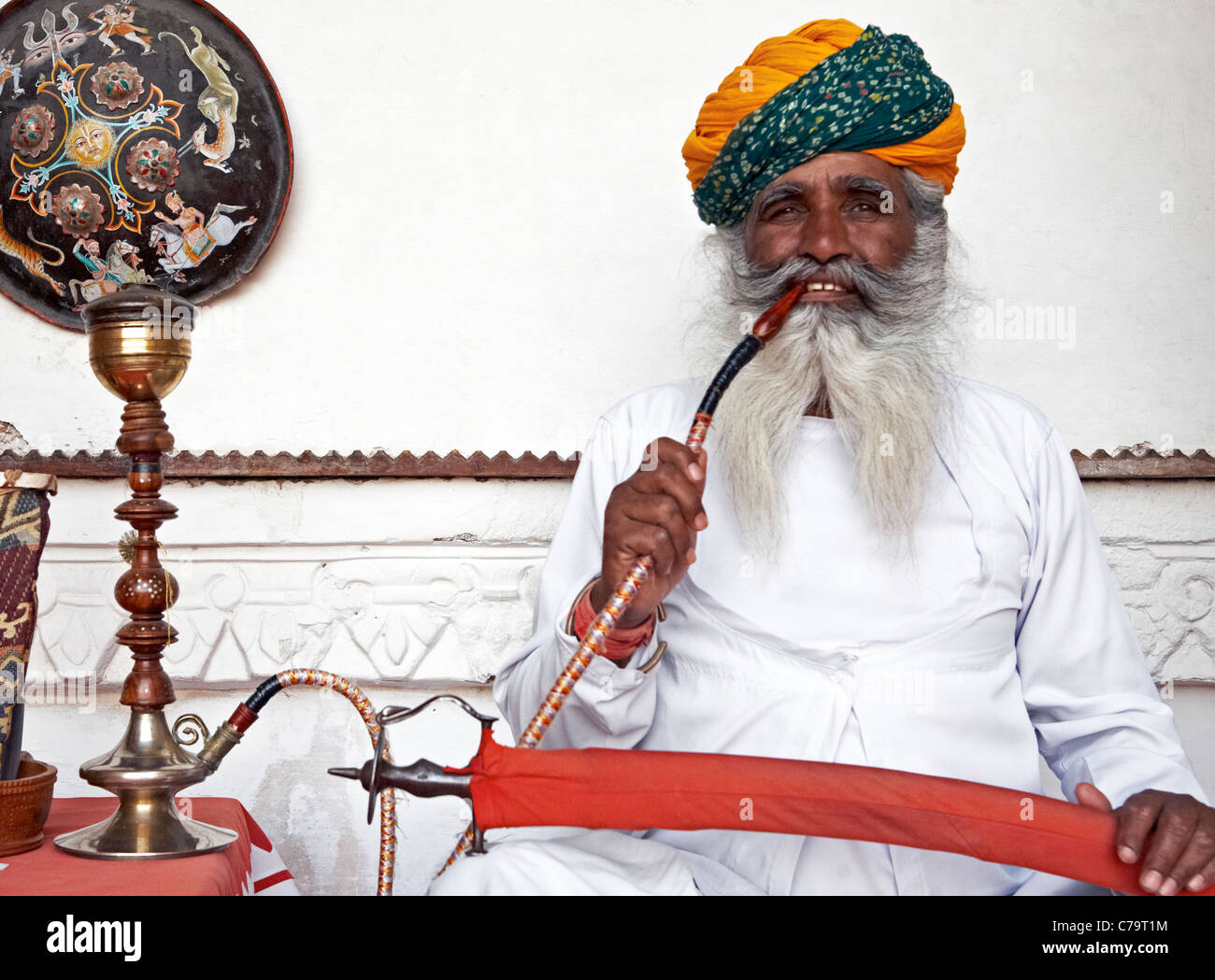 Indian Man with Beard And Turban Smoking Shisha Pipe Pushkar Rajasthan ...