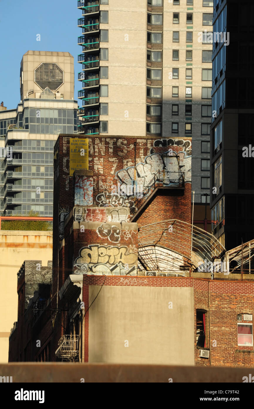 Morning sun portrait artwork graffiti on red brick rooftop buildings ...