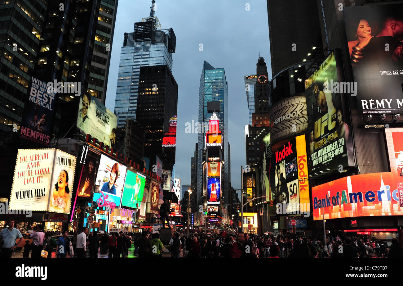 Neon signs many attached facades buildings skyscrapers background view ...