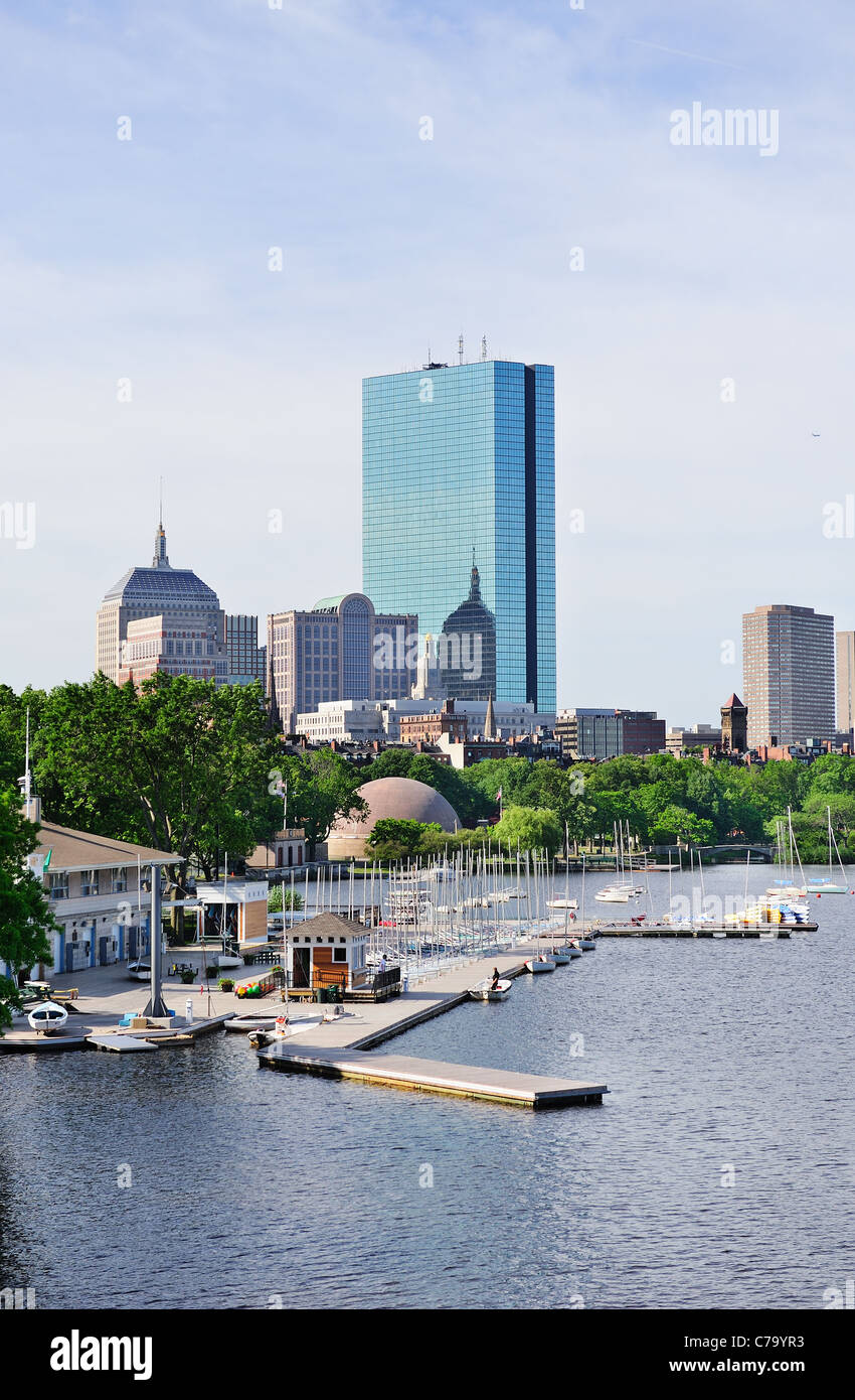 Boston back bay with sailing boat and urban building city skyline in ...