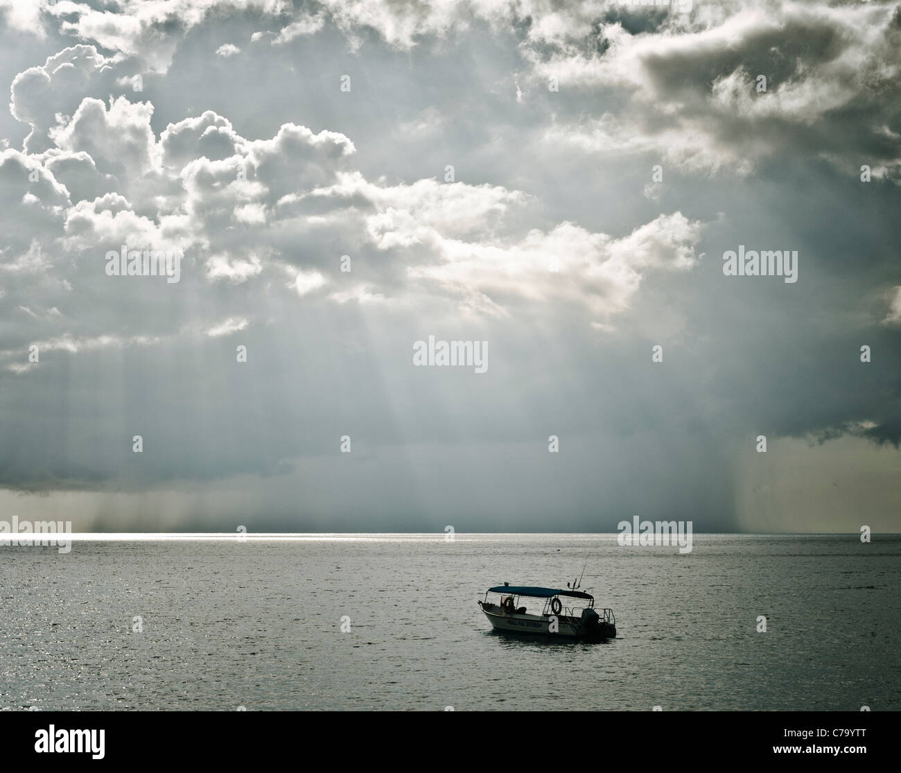 Motorboat on the beach of Panuba, Pulau Tioman Island, Malaysia ...