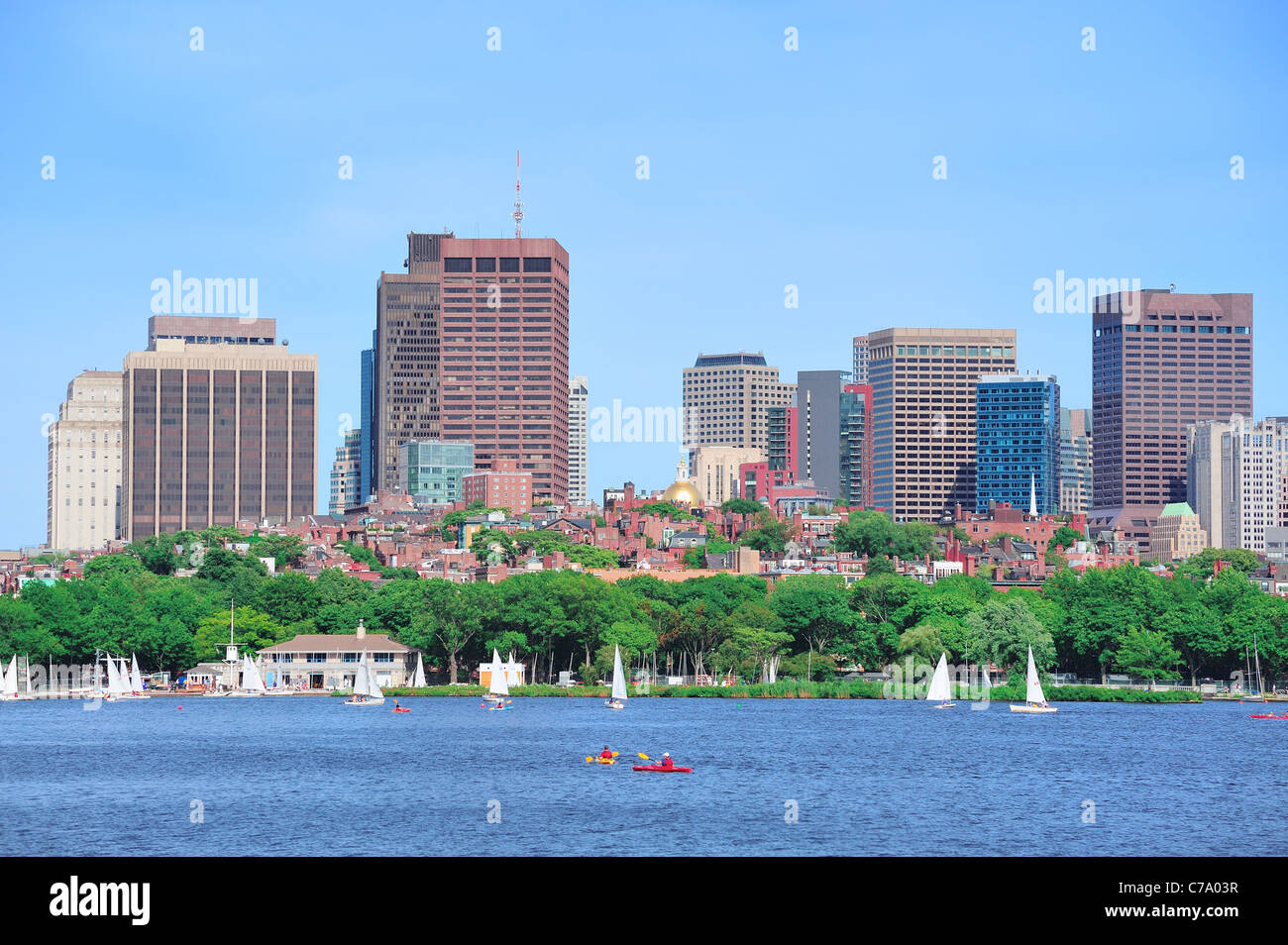 Boston skyline over Charles River with sailing boat Stock Photo - Alamy