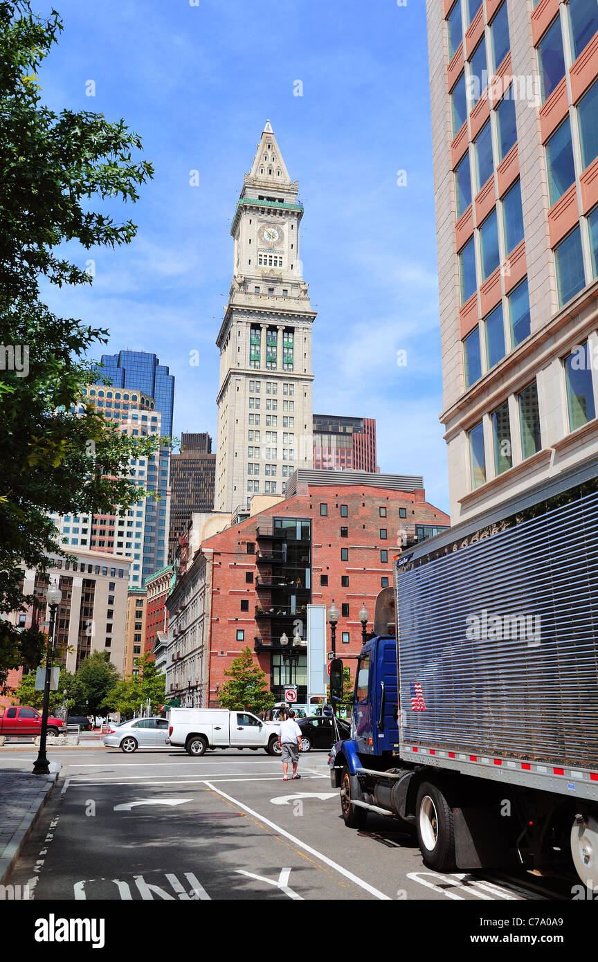 Boston street view with Custom House and traffic Stock Photo - Alamy