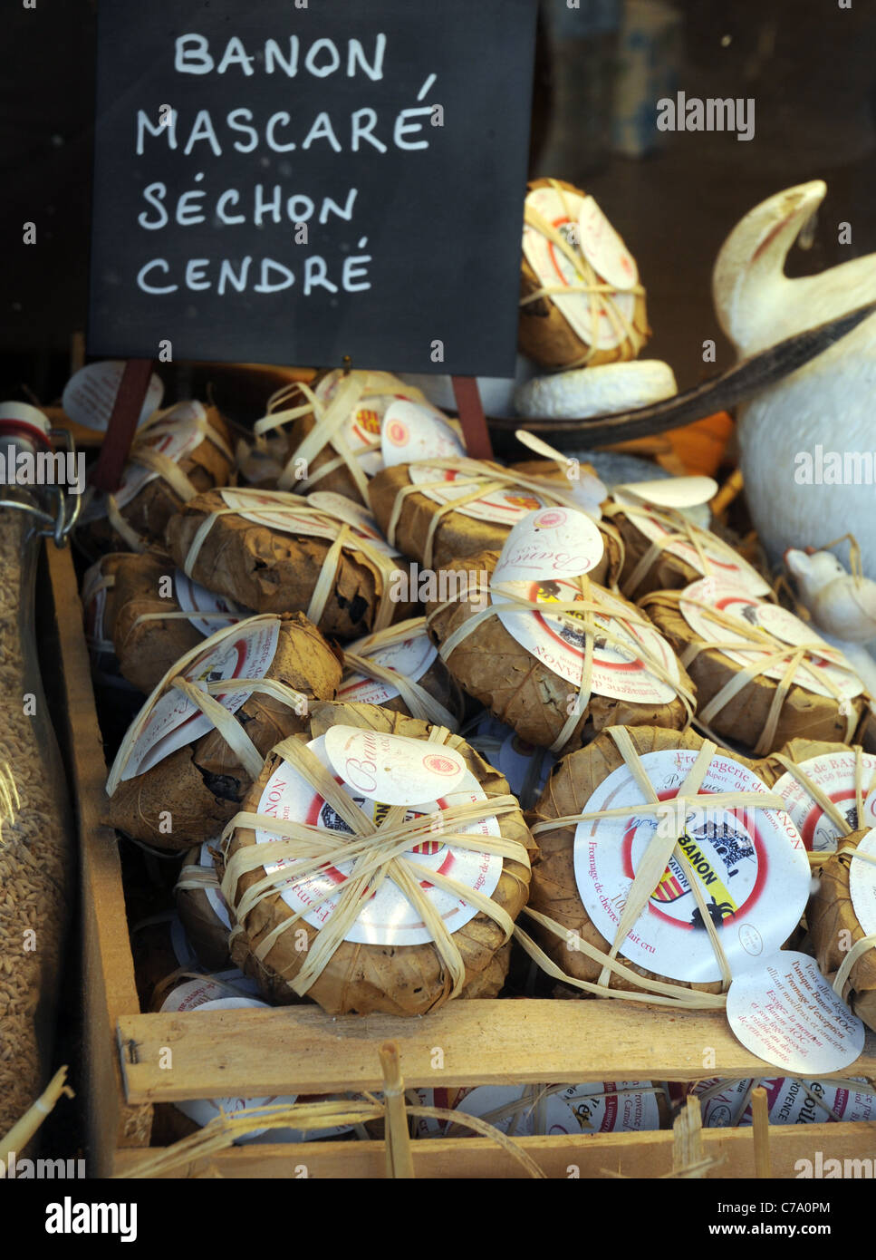 Banon cheese made from goat milk wraped in chestnut leaves in shop ...