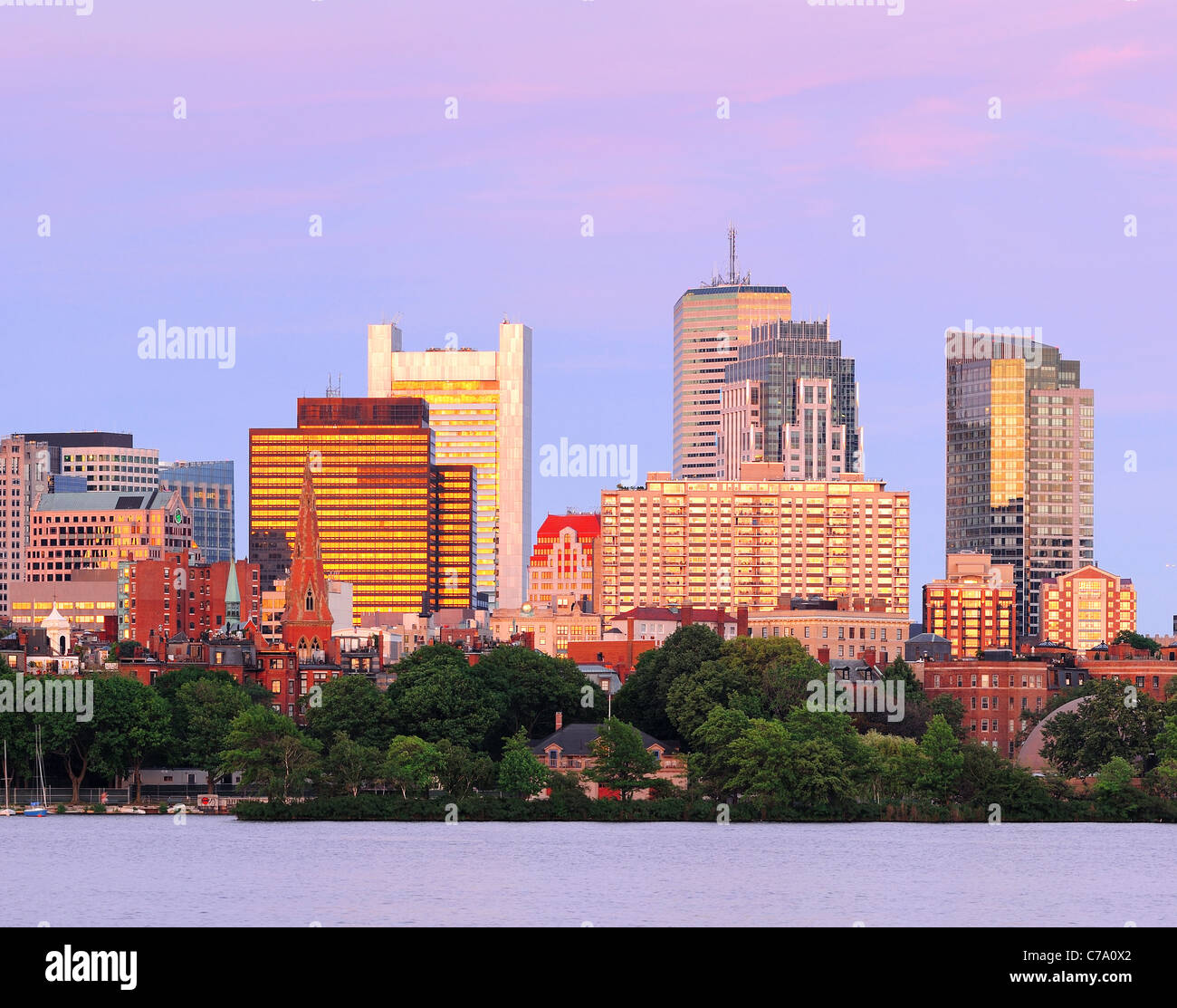 Boston Charles River sunset with urban skyline and skyscrapers Stock ...