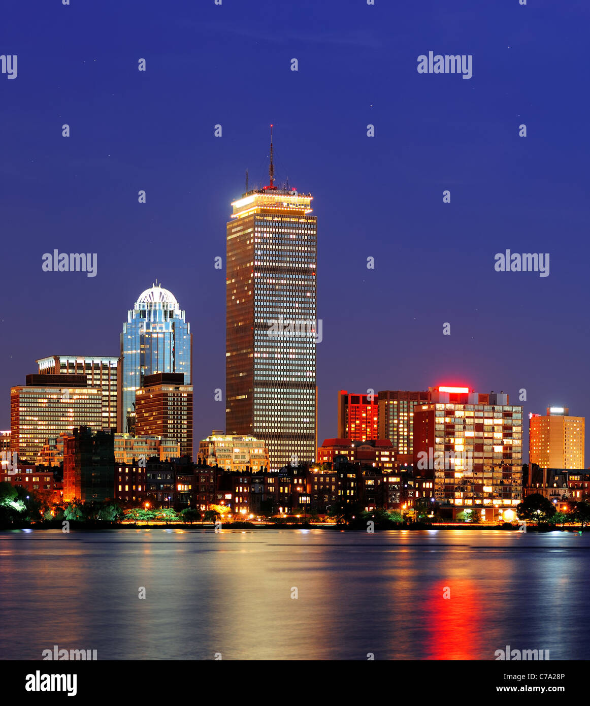 Boston city skyline at dusk with Prudential Tower and urban skyscrapers ...