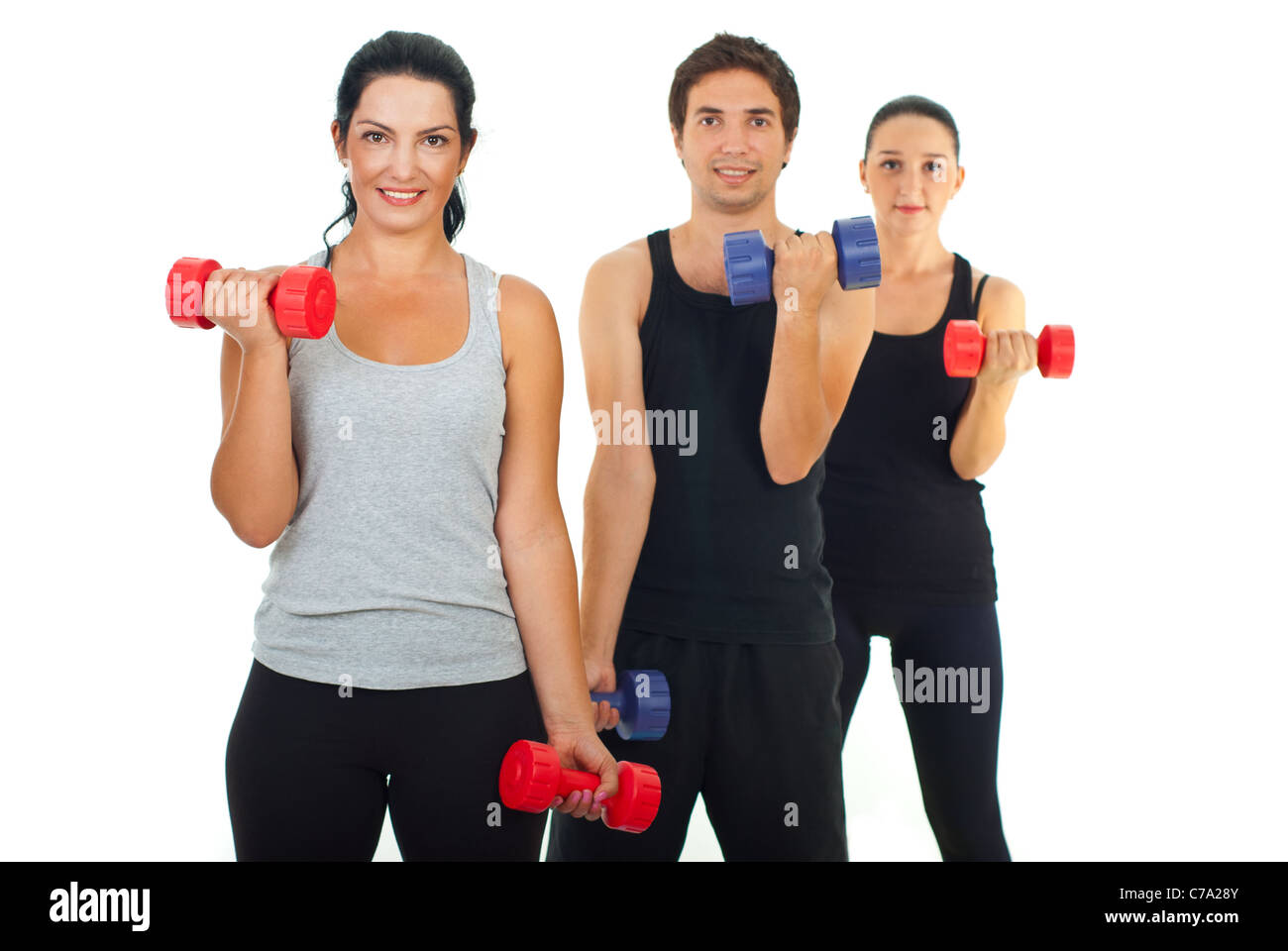 Active sport people working with barbell over white background Stock ...