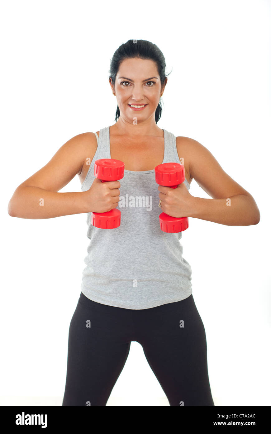 Healthy happy woman doing fitness with red barbell isolated on white ...