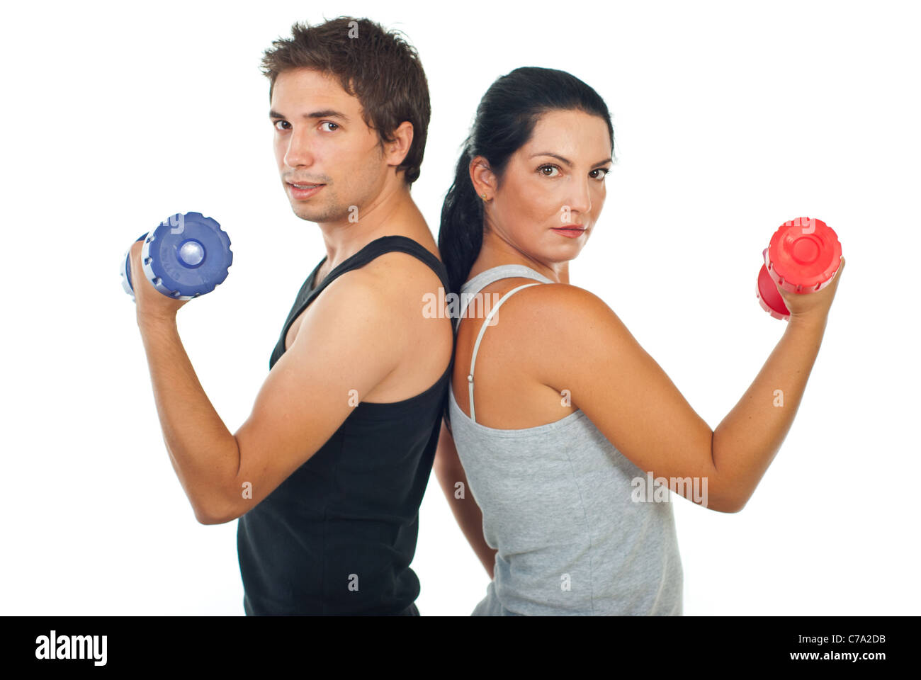 Fitness team of two people holding barbell isolated on white background ...