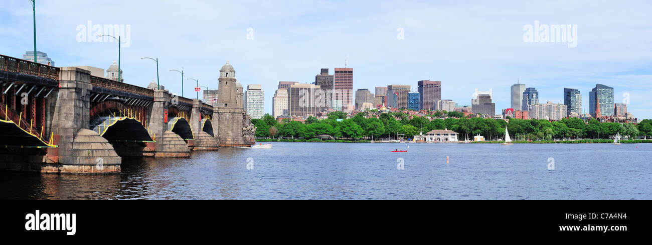 Boston skyline panorama over Charles River with boat, bridge and urban ...