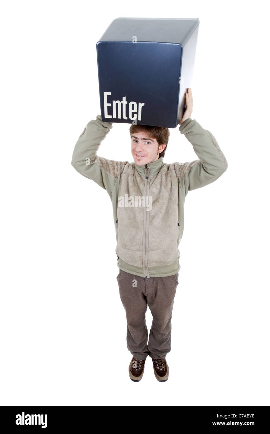 young casual man with the enter key Stock Photo - Alamy