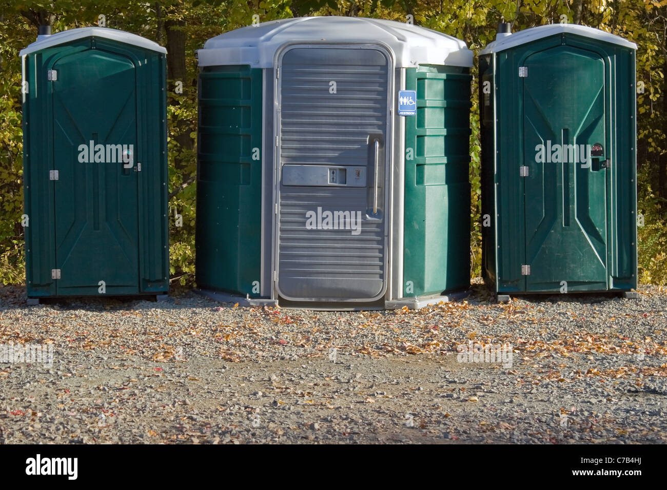 Some portable toilets located on the wooded hiking trail Stock Photo ...