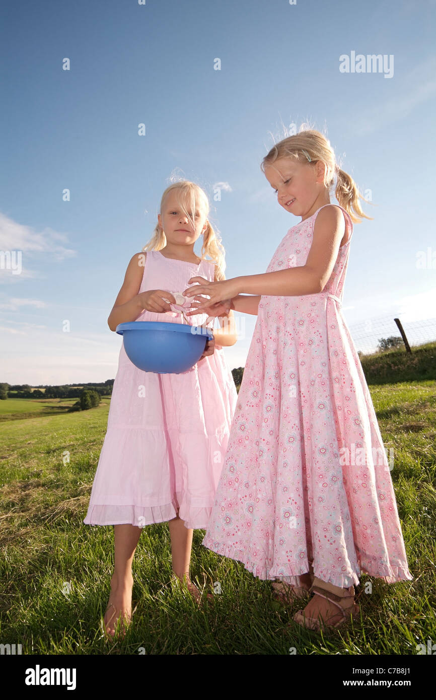 Girls standing on a meadow in summer, Eyendorf, Lower Saxony, Germany ...