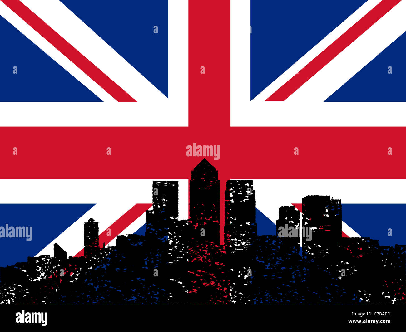 Grunge London Docklands skyline with British flag illustration Stock ...