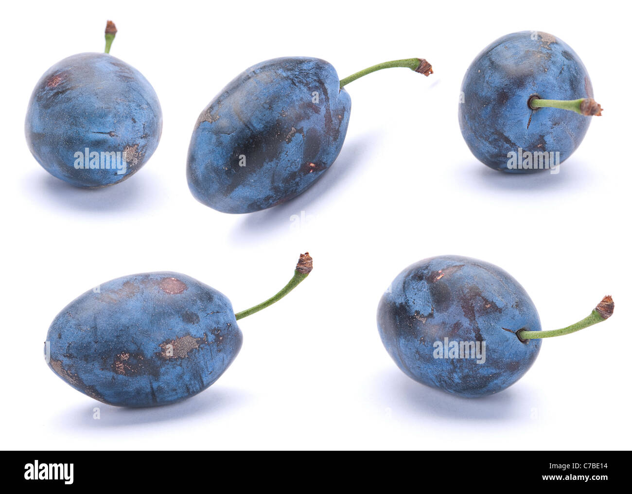 Blue ripe plum fruit set closeup isolated on white Stock Photo - Alamy
