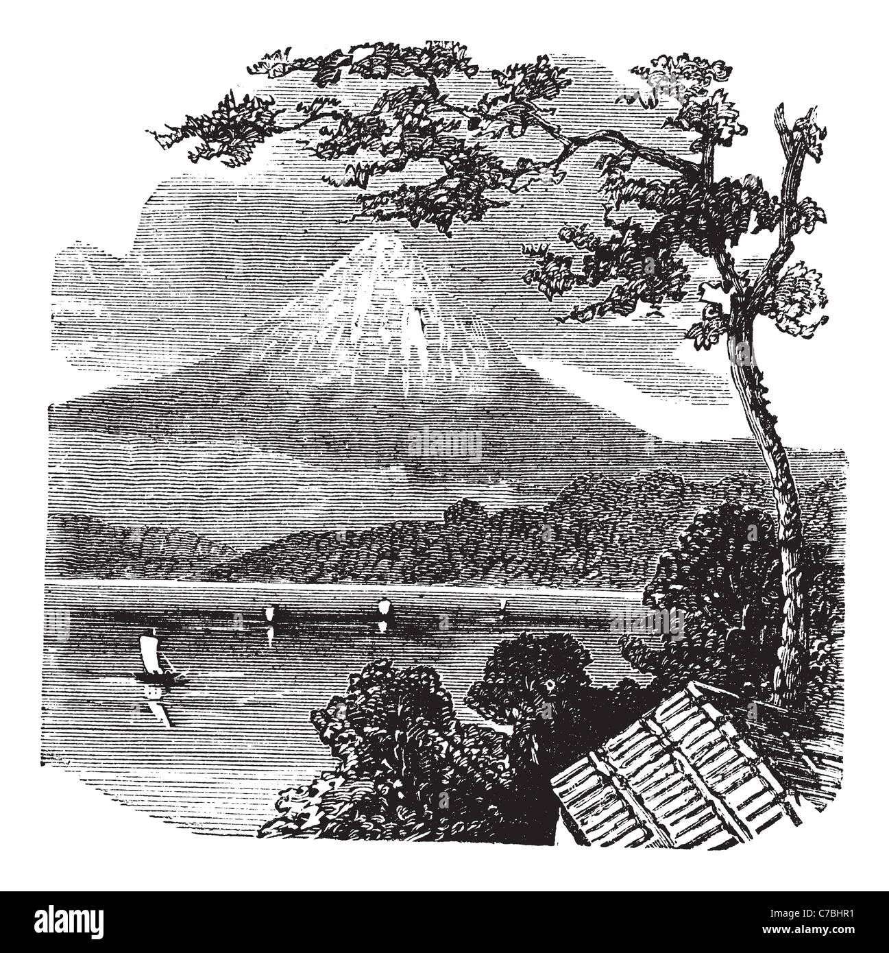 Mount Fuji in Japan, during the 1890s, vintage engraving. Old engraved ...