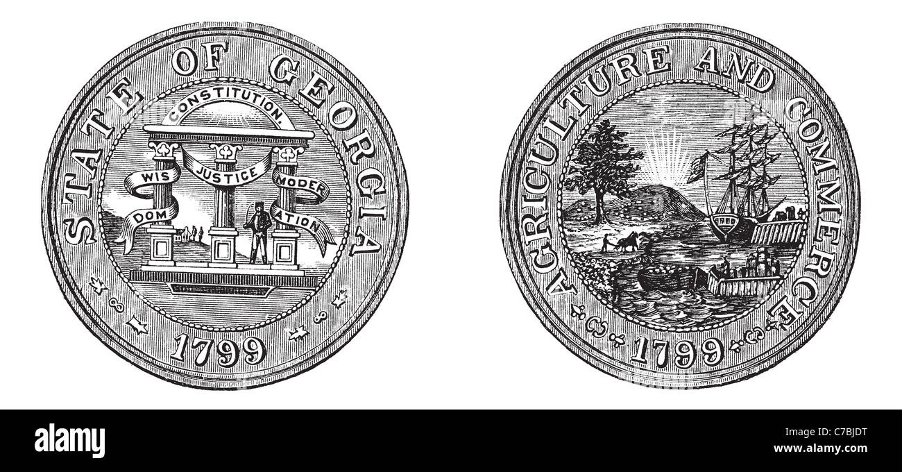 Great Seal of the State of Georgia, USA, vintage engraving. Old ...