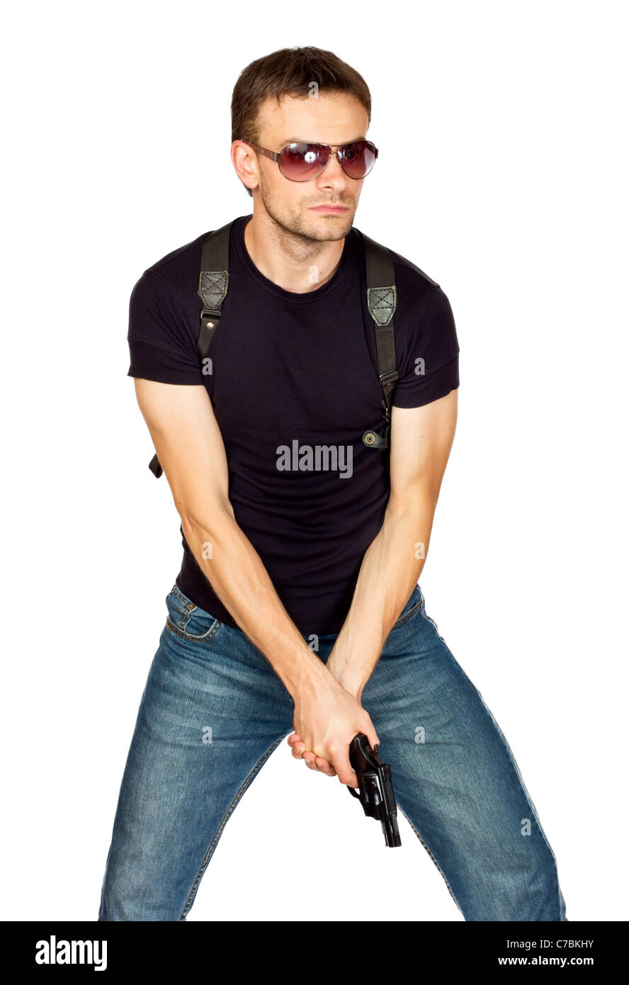 White male dressed in black on an isolated background wearing a ...