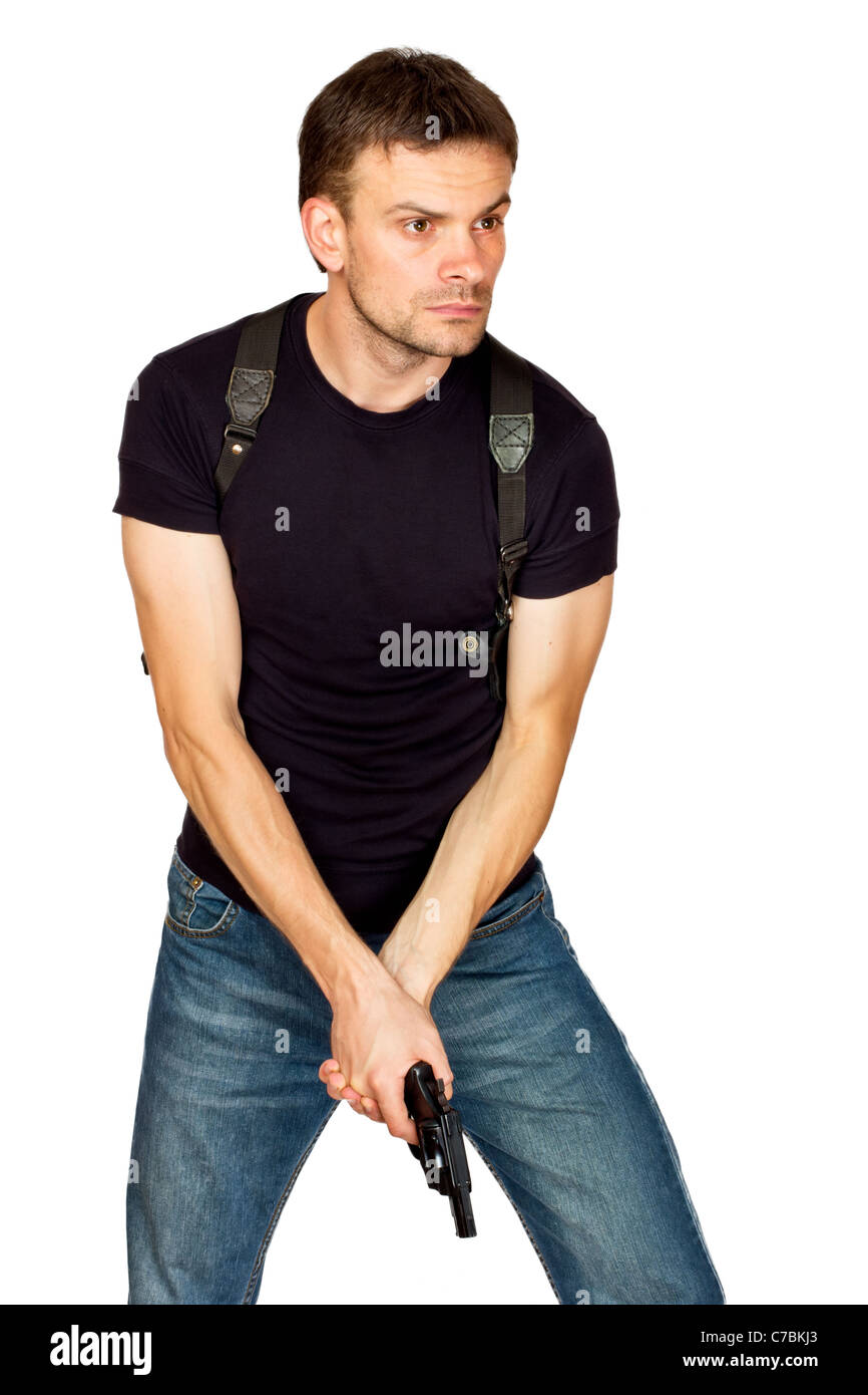 White male dressed in black on an isolated background wearing a ...