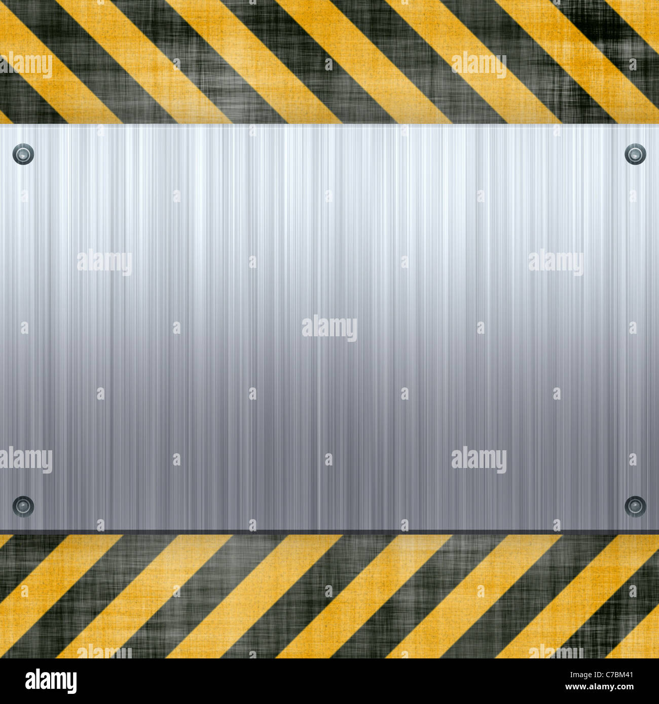 A riveted 3d brushed metal plate on a construction hazard stripes ...