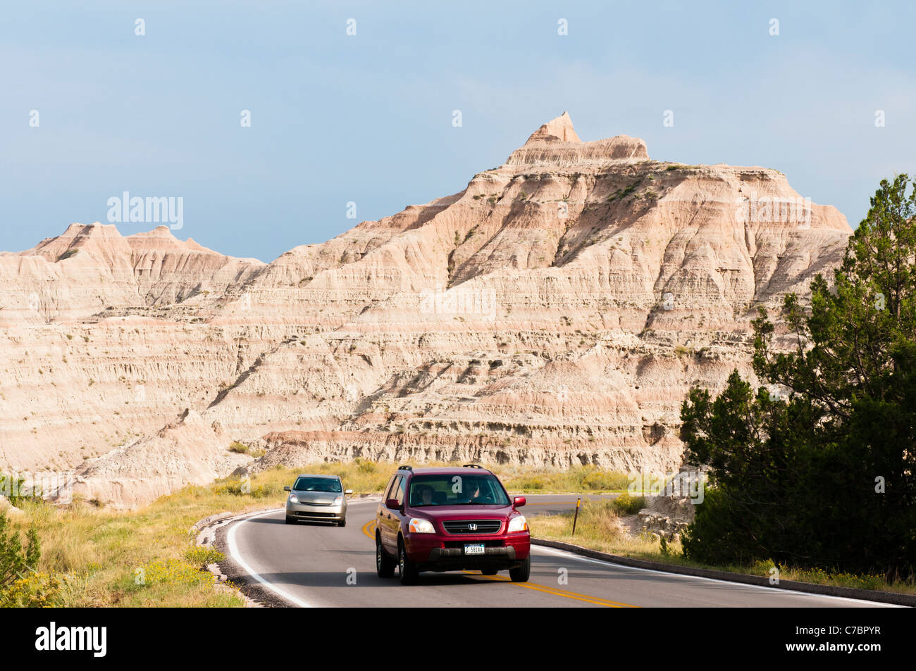 Sightseers drive through Badlands National Park in South Dakota Stock ...