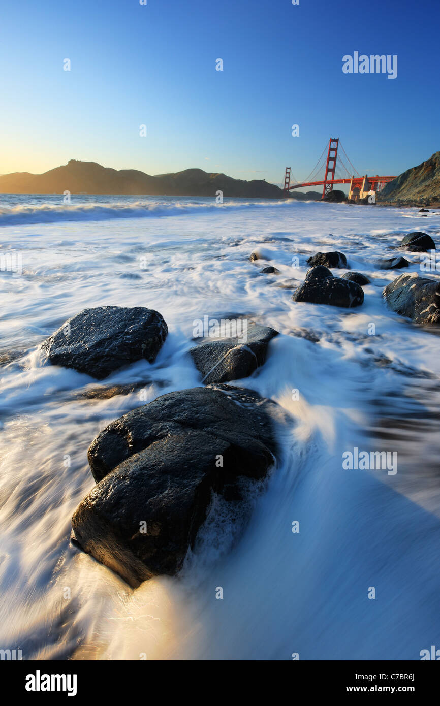 Golden Gate Bridge and surf on Marshall Beach rocks, Golden Gate ...