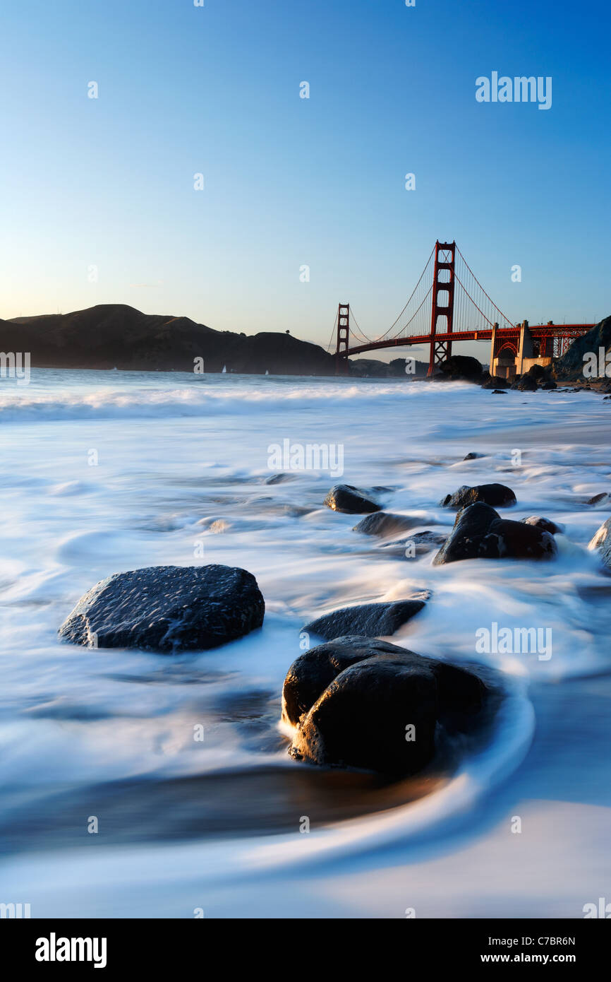 Golden Gate Bridge and surf on Marshall Beach rocks, Golden Gate ...