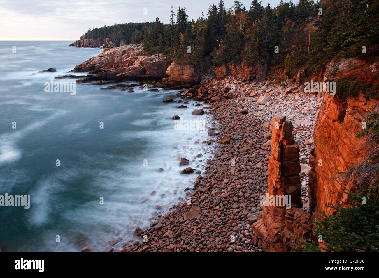 Monument, Monument Cove and Boulder Beach at dawn, Acadia National Park ...