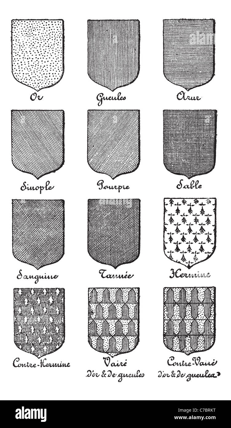 Variety of enterprise enamels used in Heraldry vintage engraving. Old ...