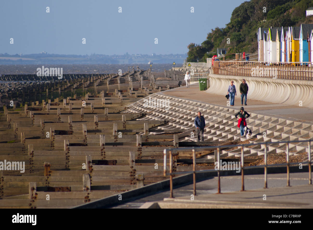 Old Felixstowe sea front with wood groynes and concrete sea defences ...