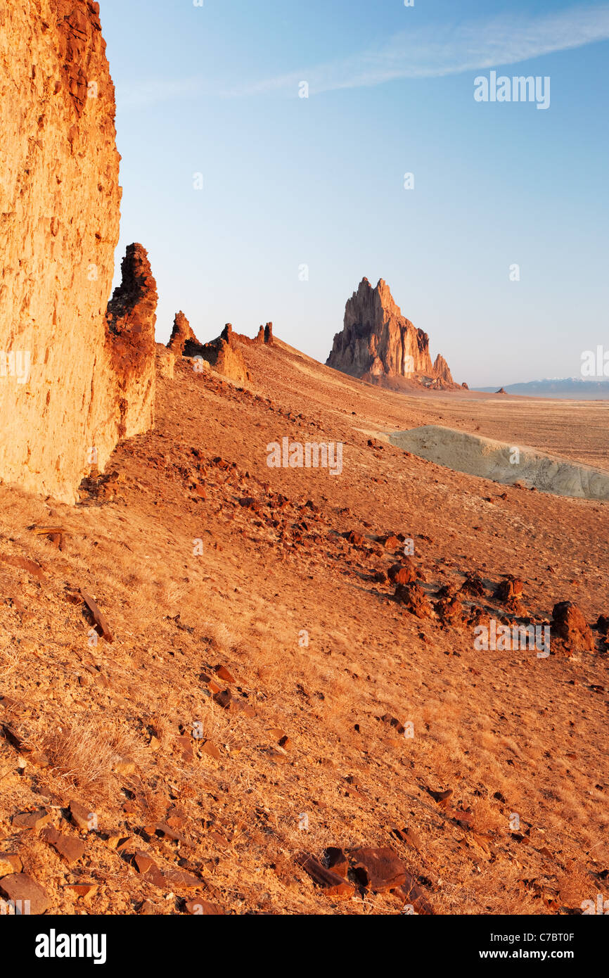 Shiprock Rock and face of dike ridge at sunrise, New Mexico, USA Stock ...