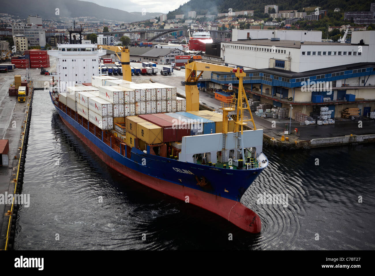 A cargo container ship, MV Celina, in the port of Bergen, Norway Stock ...