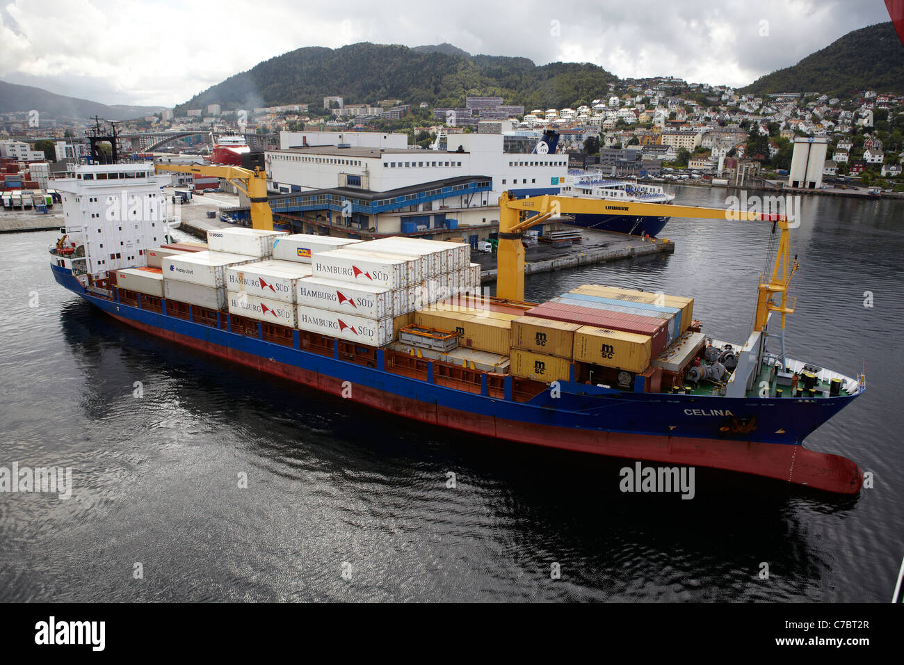 A cargo container ship, MV Celina, in the port of Bergen, Norway Stock ...