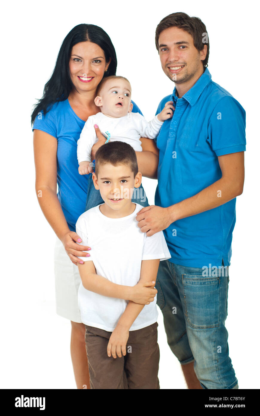 Happy family of parents with two sons against white background Stock ...