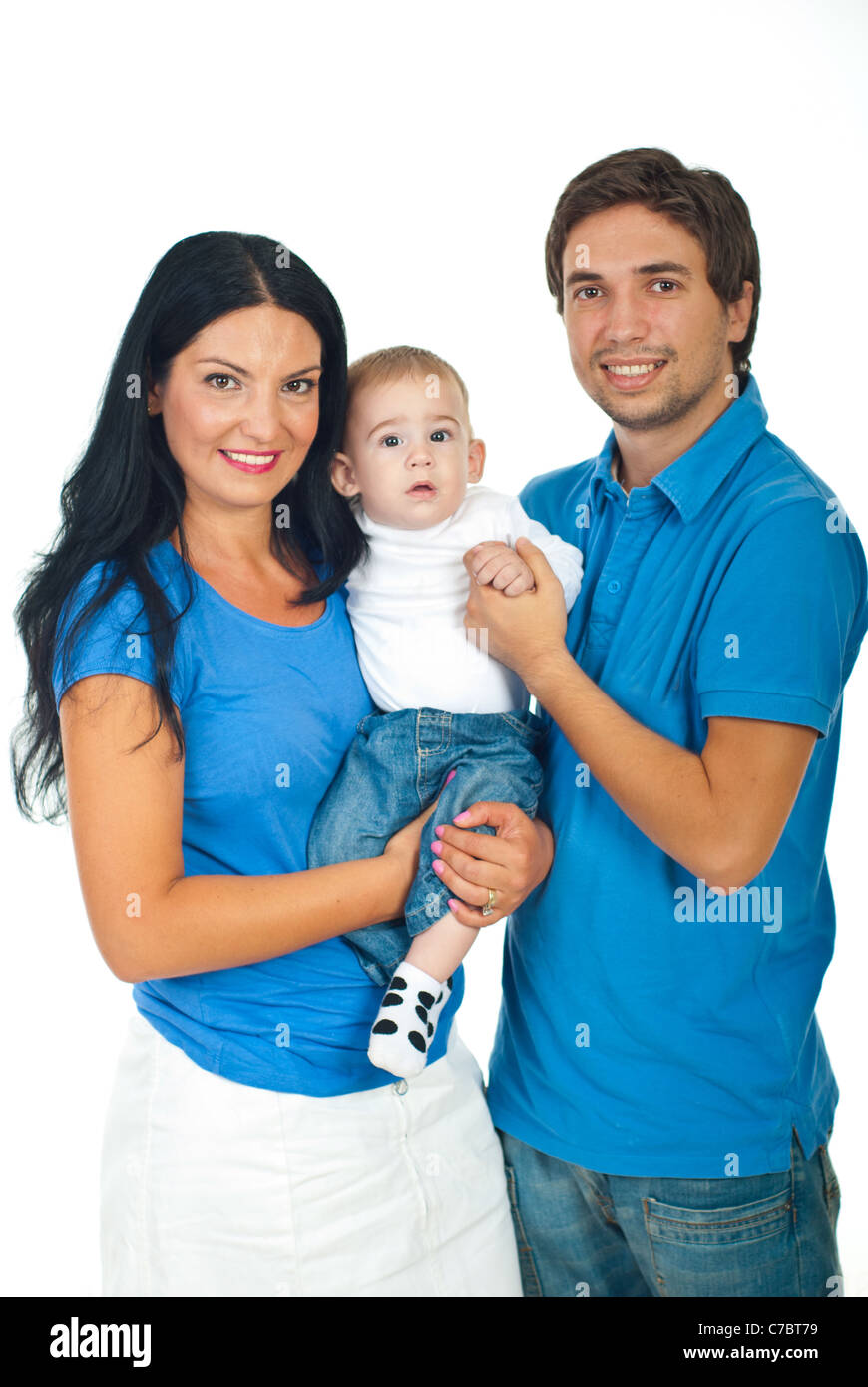 Happy parents holding their baby boy isolated on white background Stock ...