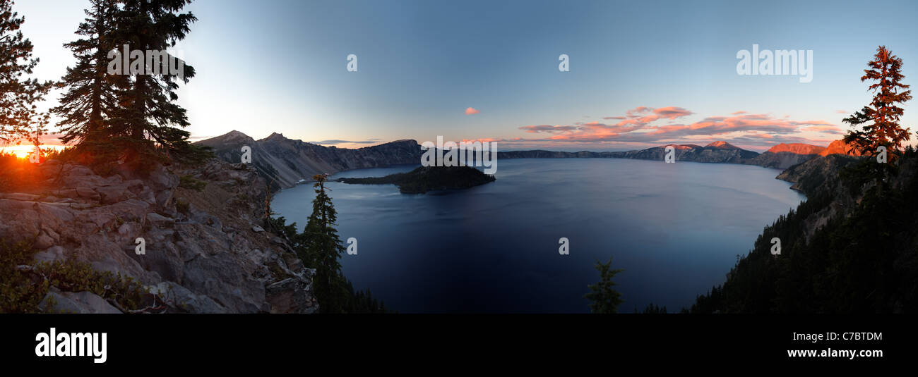 Panoramic view of Crater Lake at sunset, Crater Lake National Park ...