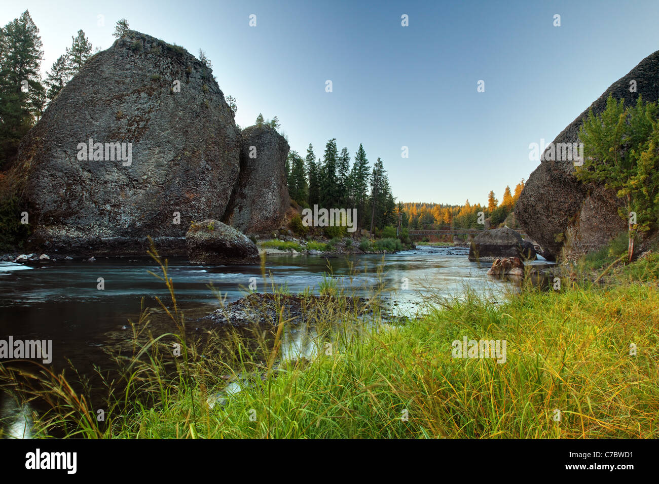 The Spokane River flows between basalt towers in an area known as Bowl ...