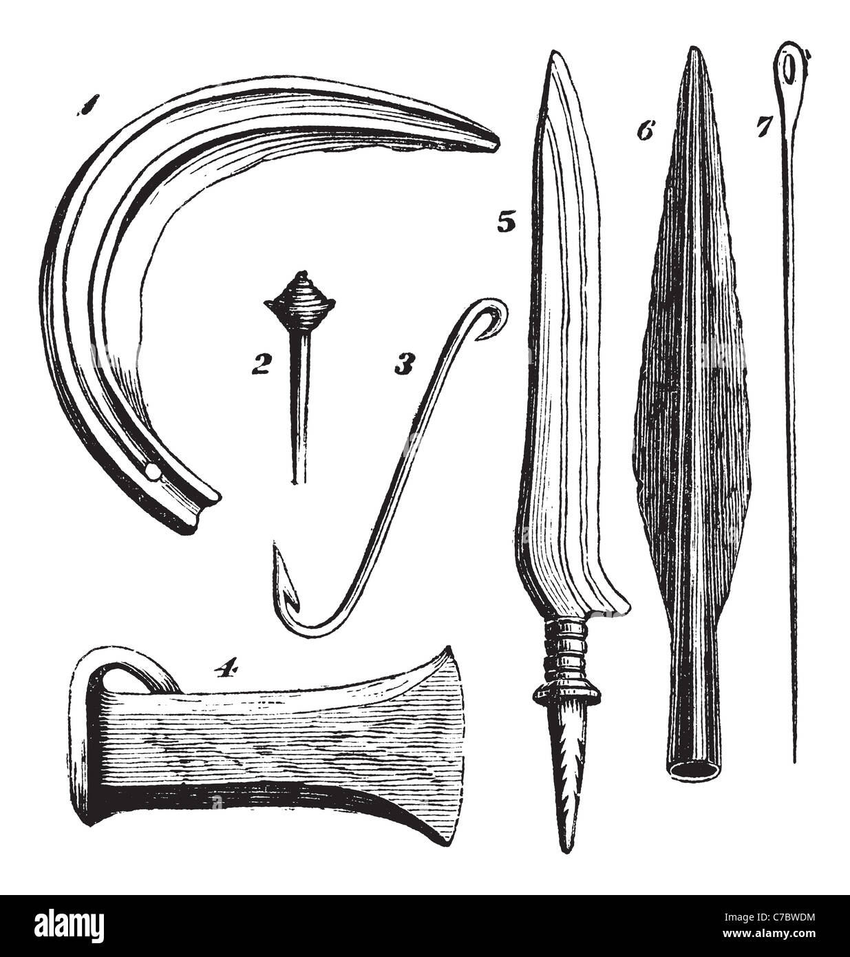 Bronze instruments from Unter Uhldingen, vintage engraving. Old ...