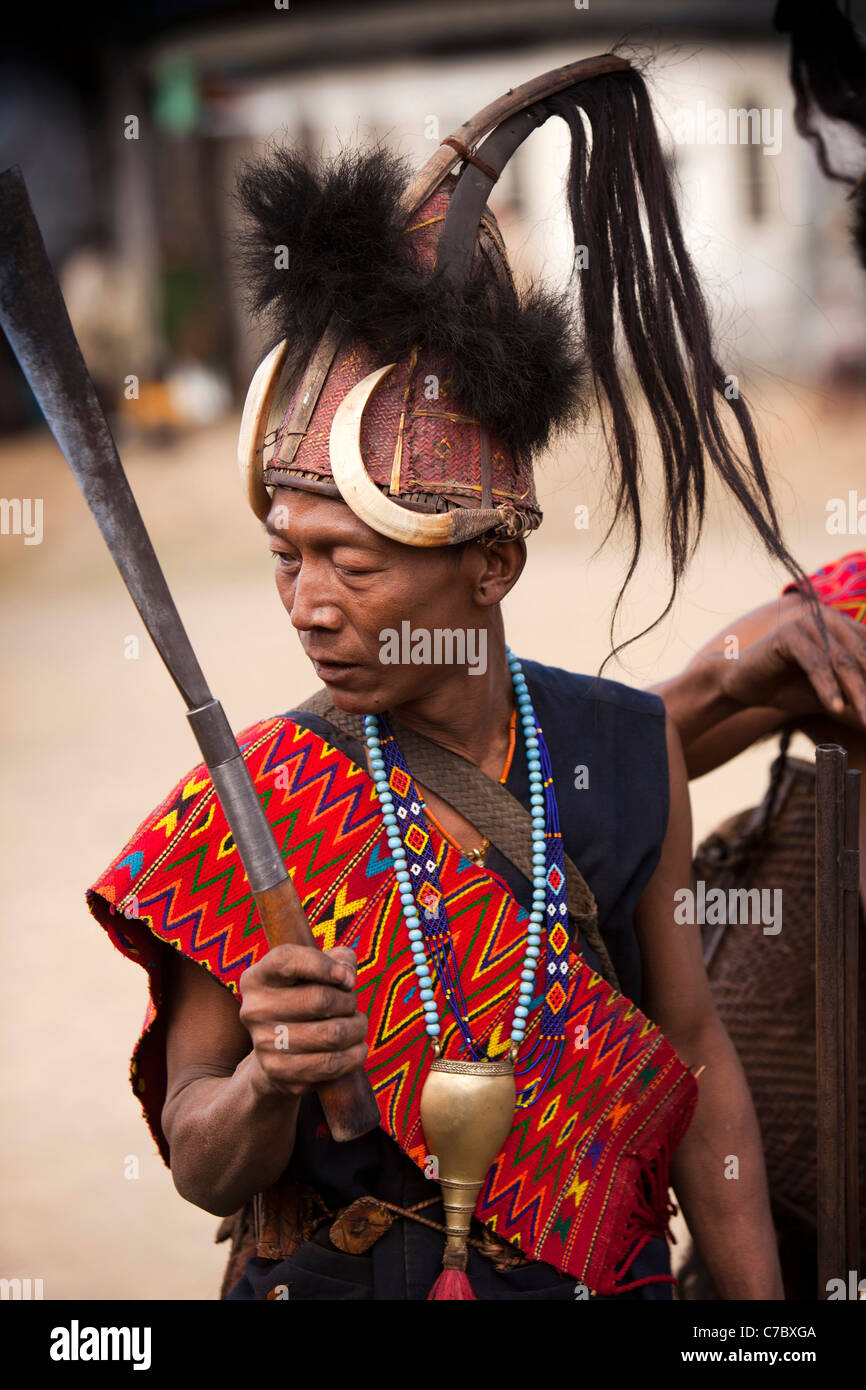 India, Nagaland, Longwa, Konyak Naga warriors in traditional dress ...