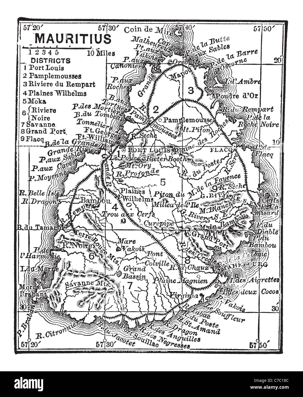 Map of Mauritius, during the 1890s, vintage engraving. Old engraved ...