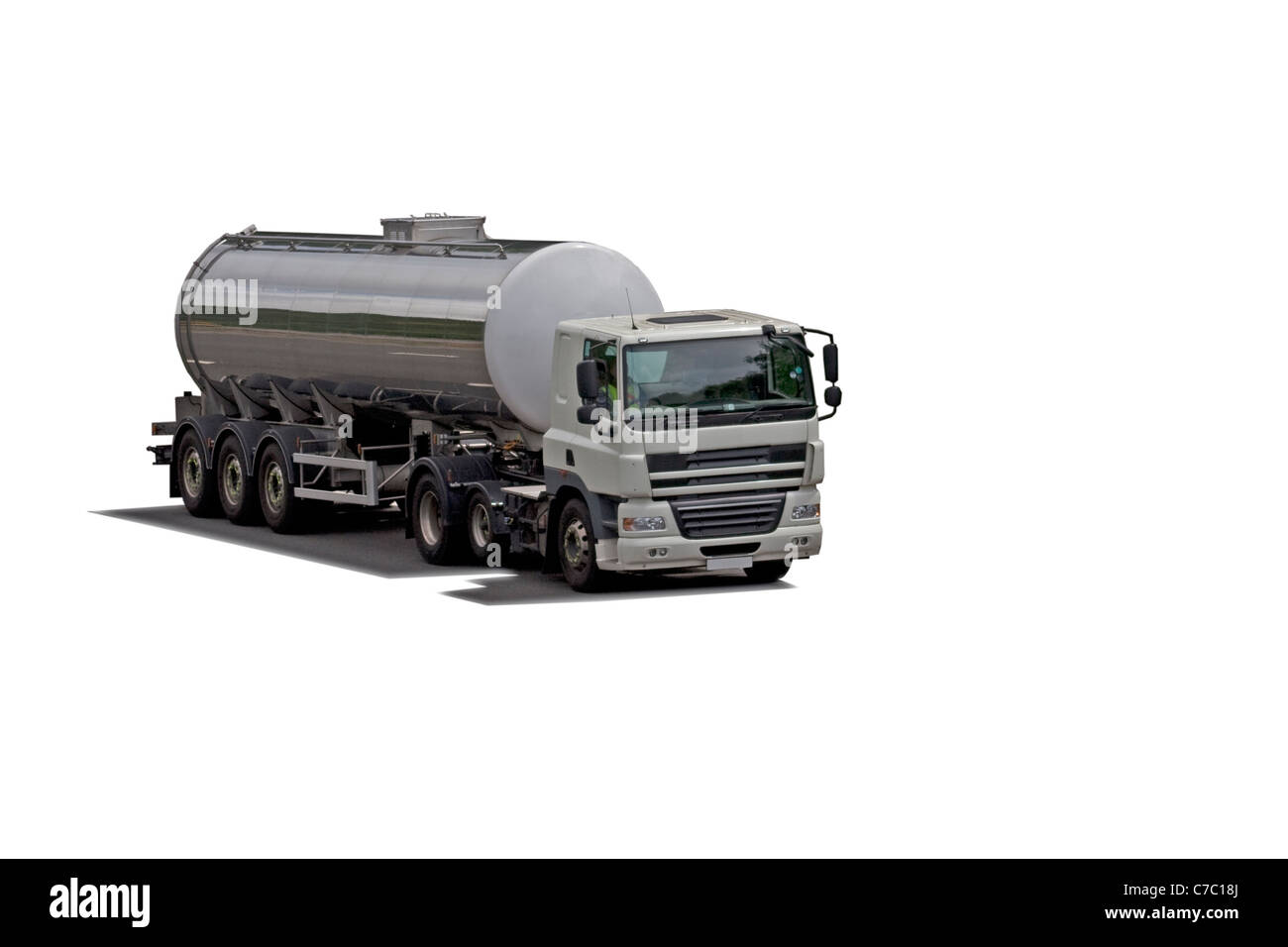 A white tanker truck is isolated on a white background, representing ...