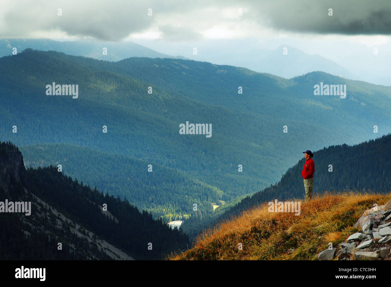 Woman overlooking mountains and valley, Stevens Ridge, Mount Rainier ...