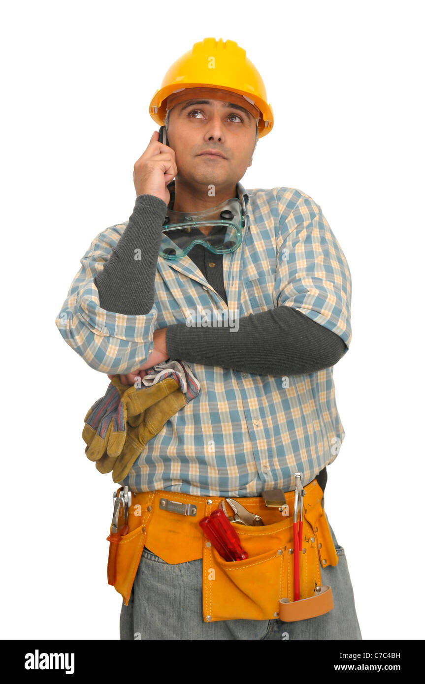 worker with phone isolated in white Stock Photo - Alamy