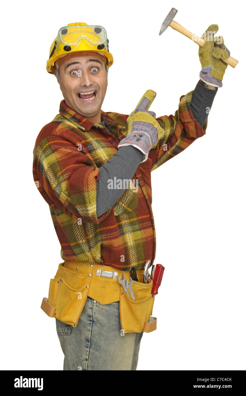 worker with hammer isolated in white Stock Photo - Alamy